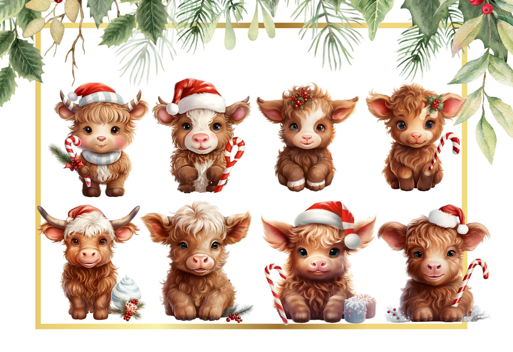 Highland Cow Christmas Clipart Png, Nursery Print, Highland Cow Winter ...