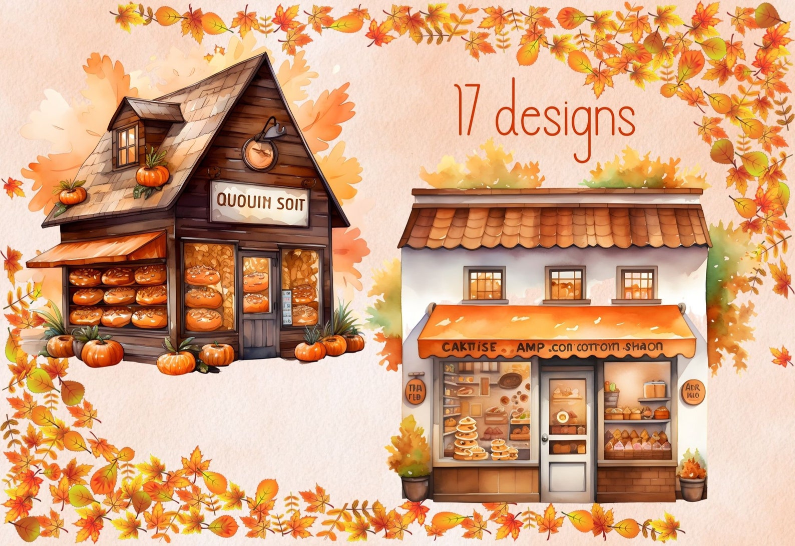 Watercolor Fall Storefronts Clipart Cute Autumn Shops PNG - Etsy