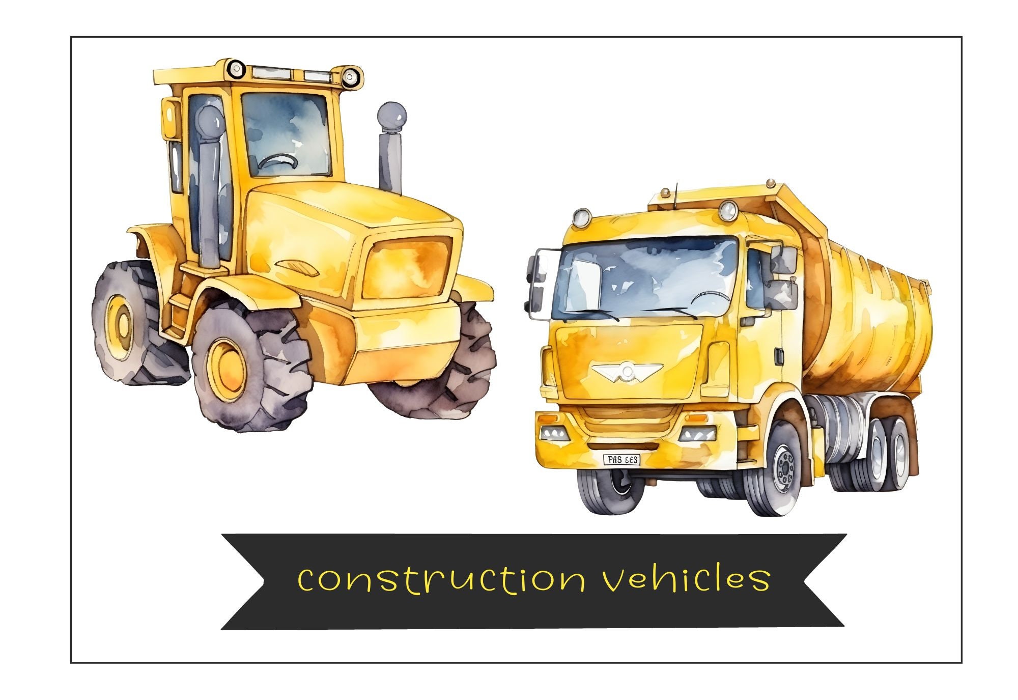 Watercolor Construction Vehicle Clipart, Cute Construction Birthday ...