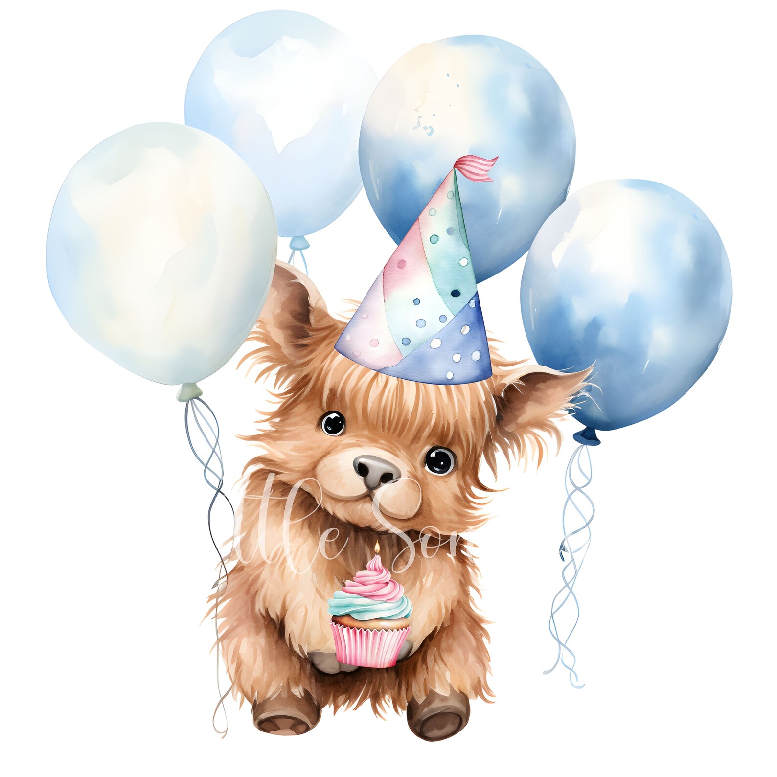 Highland Cow Blue Birthday Clipart Png, Highland Cow PNG, Nursery Print, Highland Cow Birthday ...