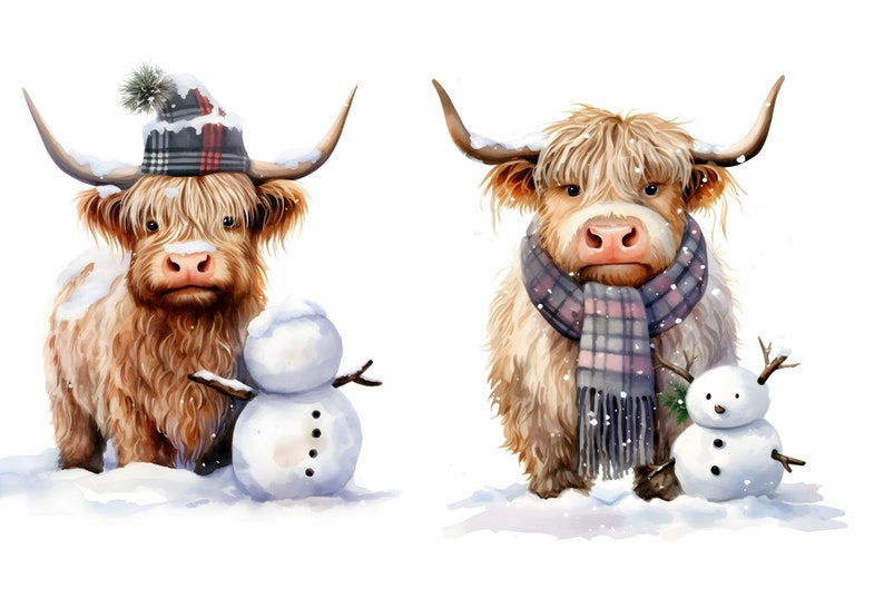 Watercolor Highland Cow Winter Clipart: Snowman Nursery Print (PNG) - Etsy