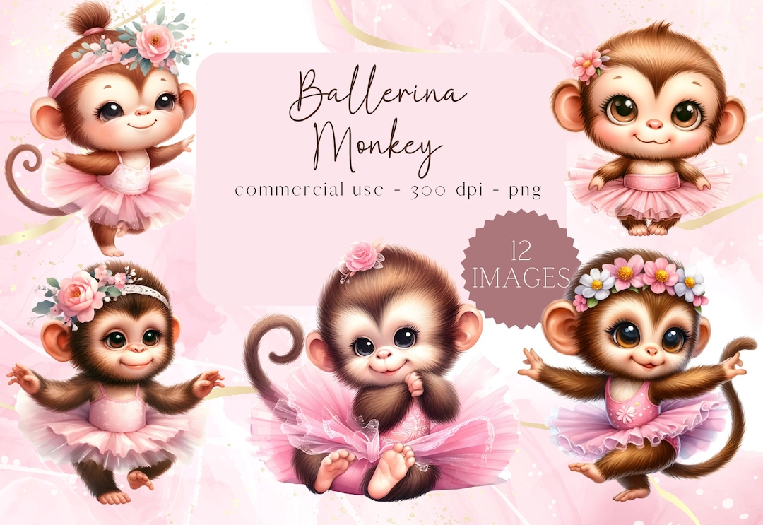 Cute Monkey Clipart, Ballerina Monkey PNG, Watercolor Monkey Clipart ...