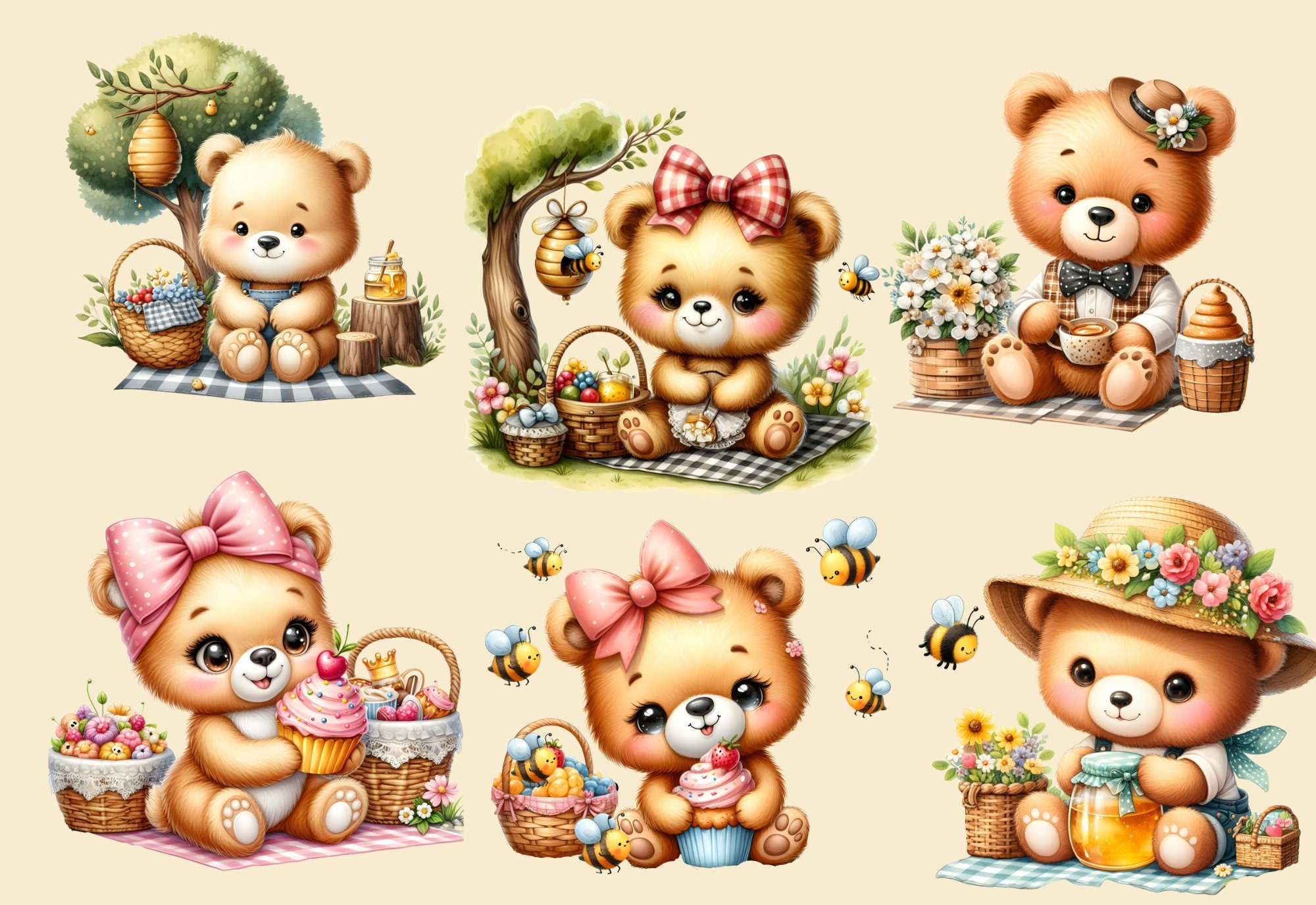 Summer Bear Clipart, Watercolor Bear Clipart, Honey Bear Clipart ...