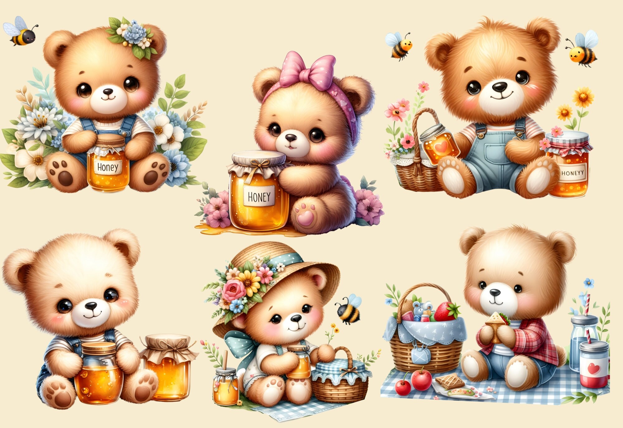 Summer Bear Clipart, Watercolor Bear Clipart, Honey Bear Clipart ...