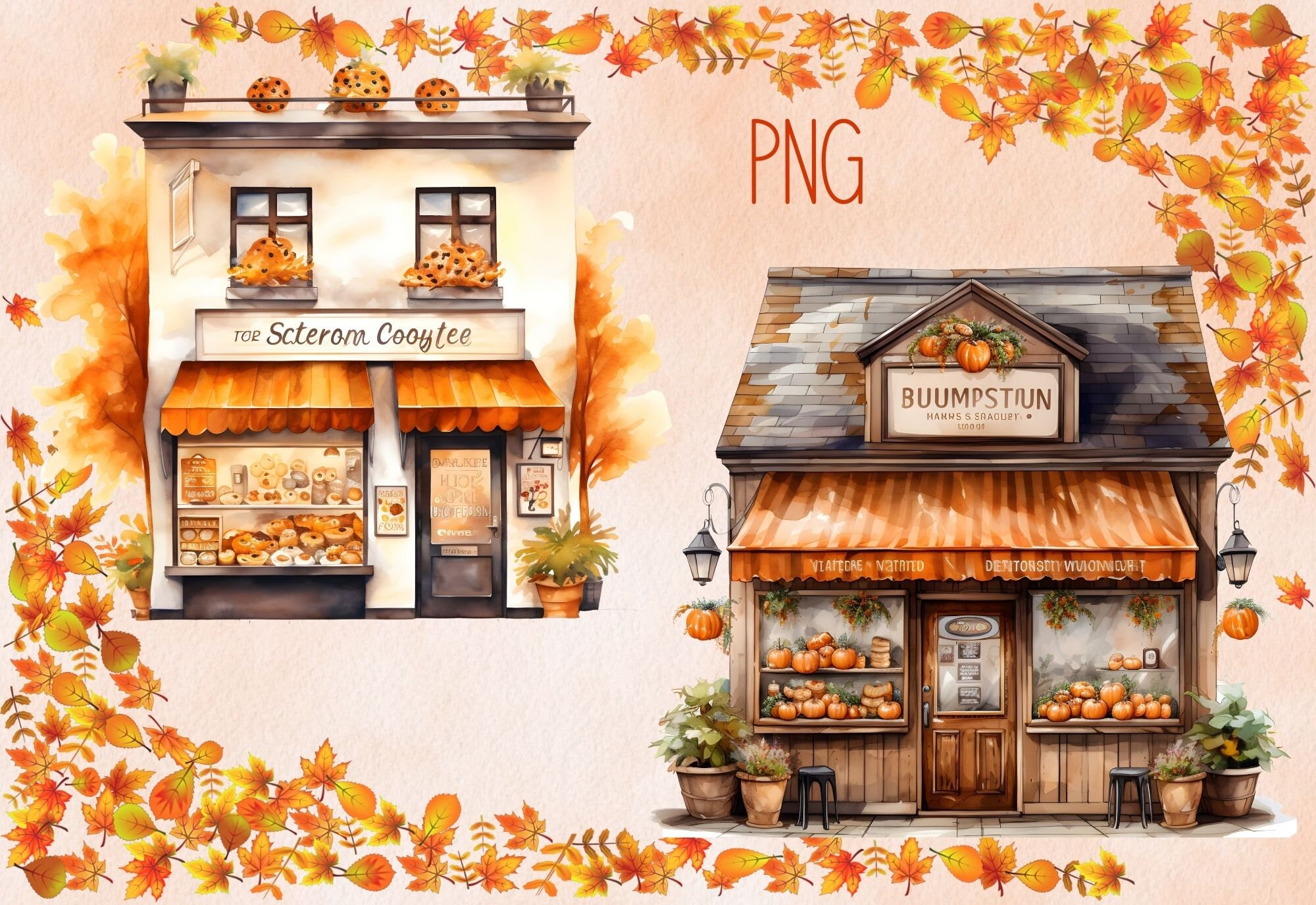 Watercolor Fall Storefronts Clipart Cute Autumn Shops PNG - Etsy