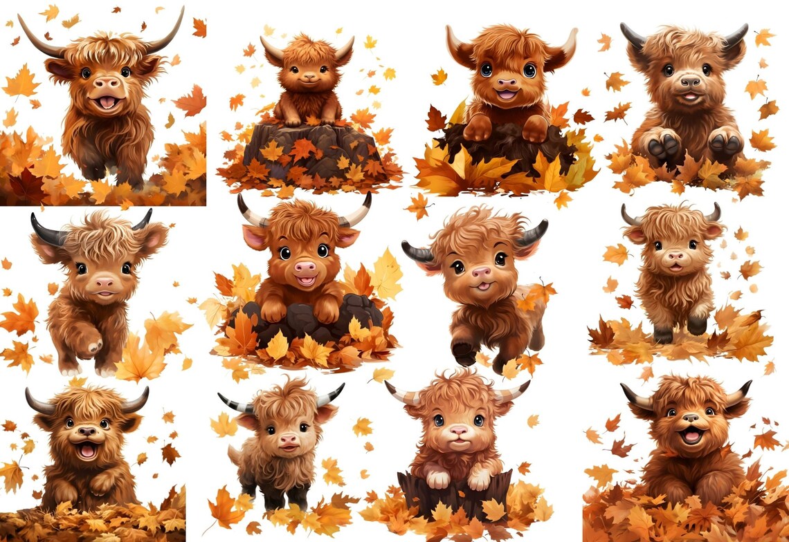 Highland Cow Fall Leaves Clipart, Highland Cow Png Clipart, Watercolor ...