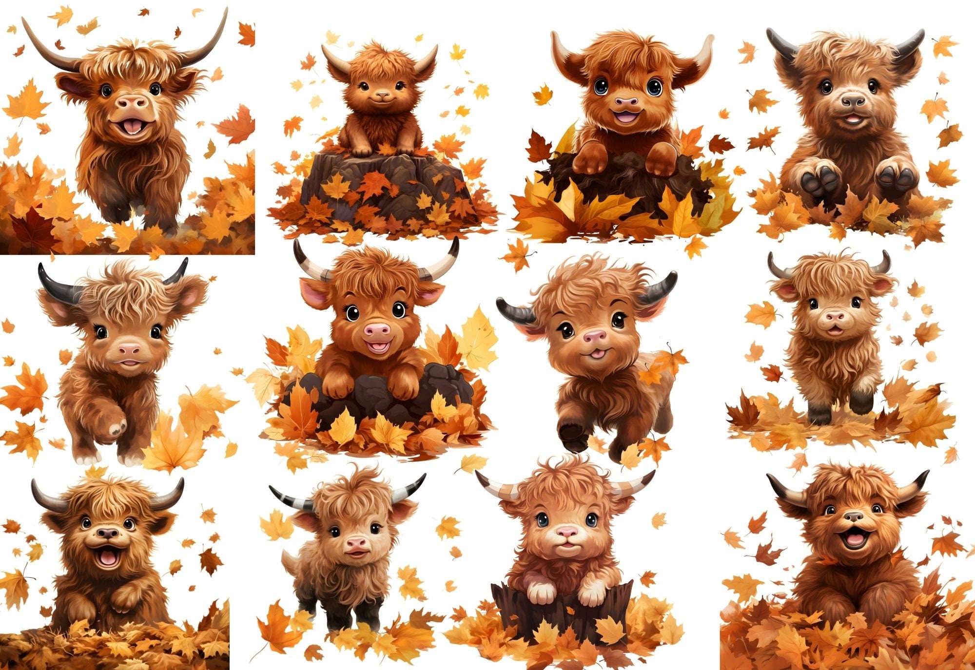 Highland Cow Fall Leaves Clipart, Highland Cow Png Clipart, Watercolor ...