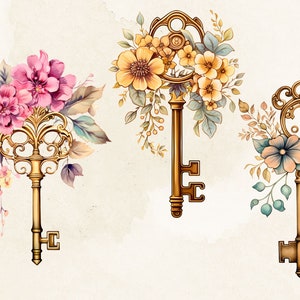 Watercolor Antique Key Clipart, Watercolor Skeleton Key, Floral Key ...