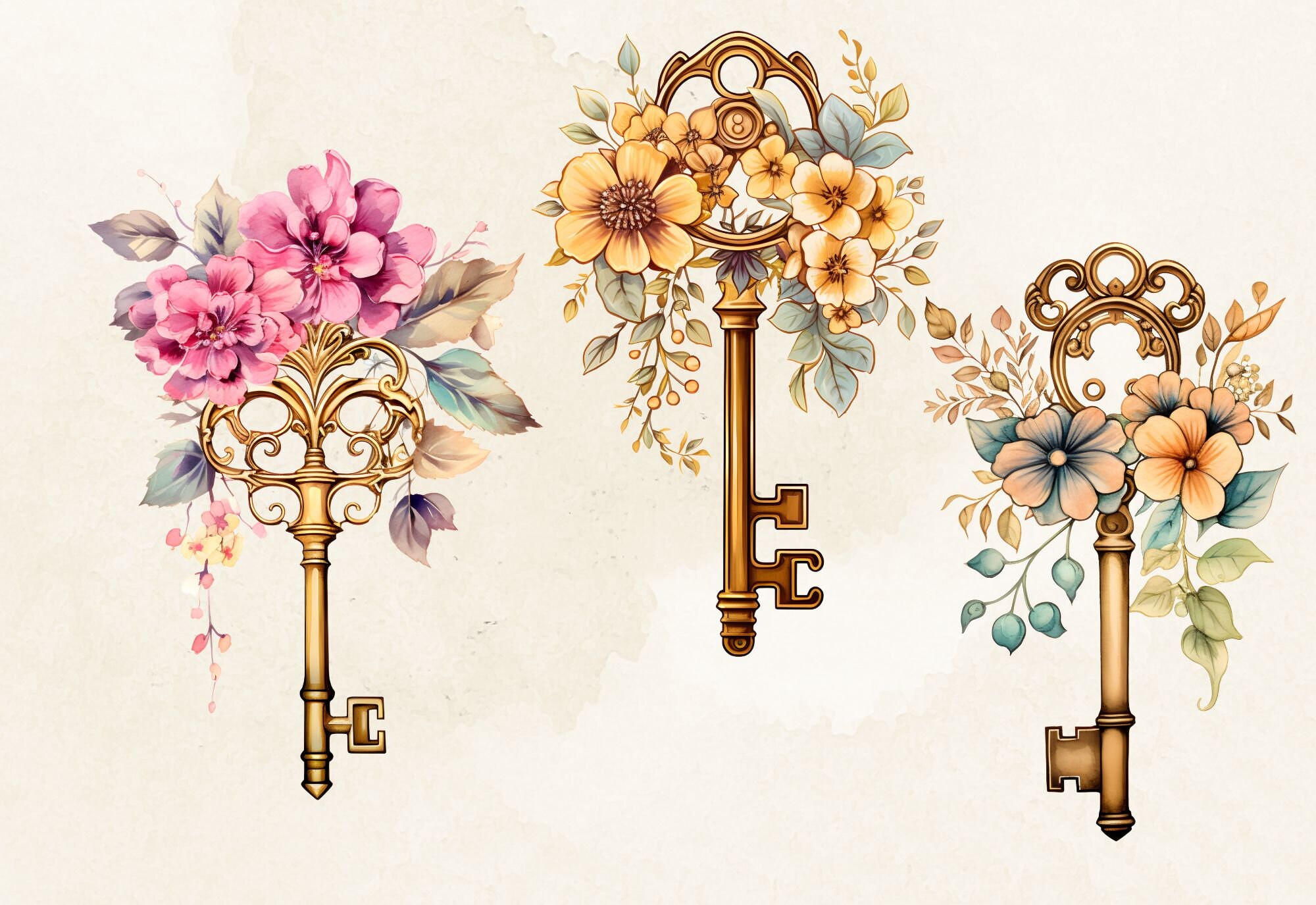 Watercolor Antique Key Clipart, Watercolor Skeleton Key, Floral Key ...