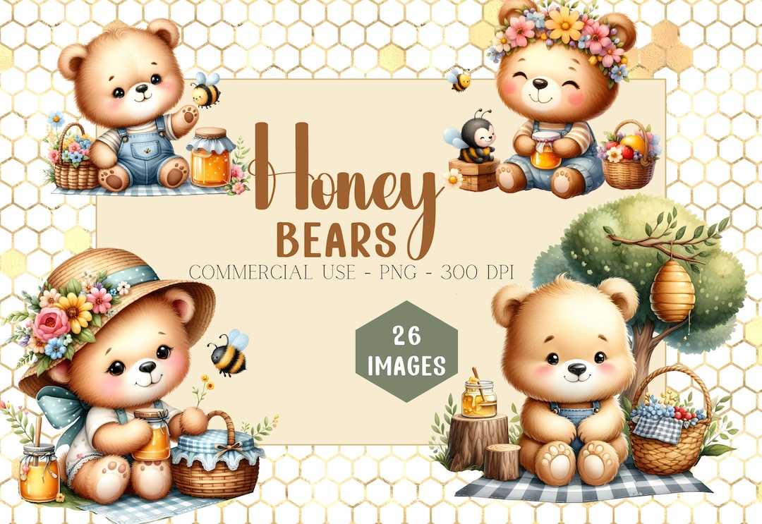 Watercolor Cute Bear Clipart, Honey Bear Clipart, Watercolor Bumble Bee ...