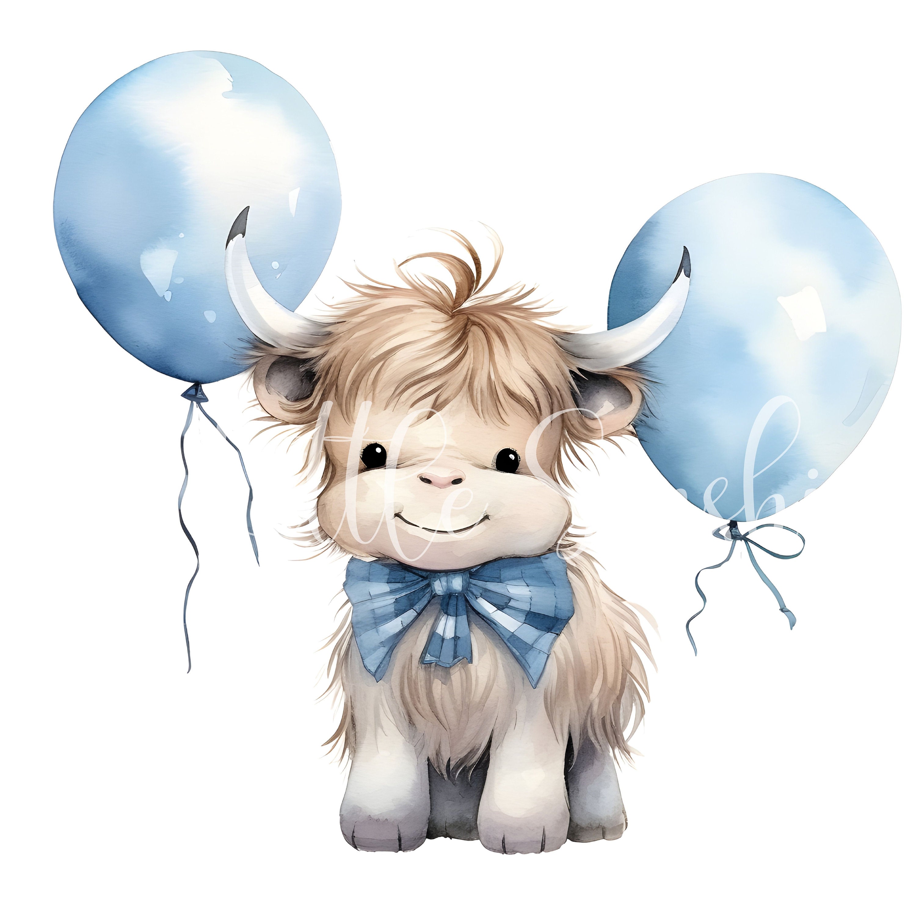 Highland Cow Blue Birthday Clipart Png, Highland Cow PNG, Nursery Print ...