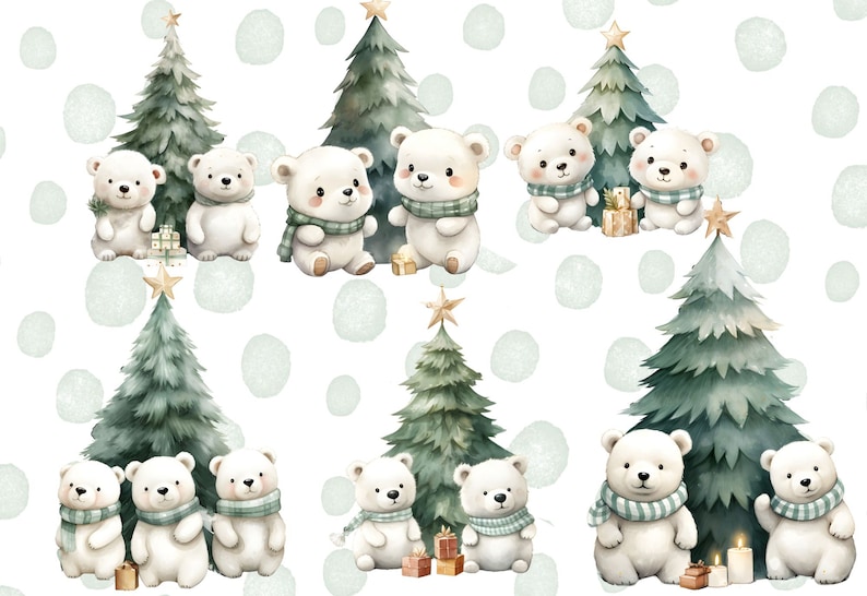 Watercolor Christmas Polar Bear Clipart: Holiday PNG Images (digital ...