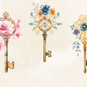 Watercolor Antique Key Clipart, Watercolor Skeleton Key, Floral Key ...