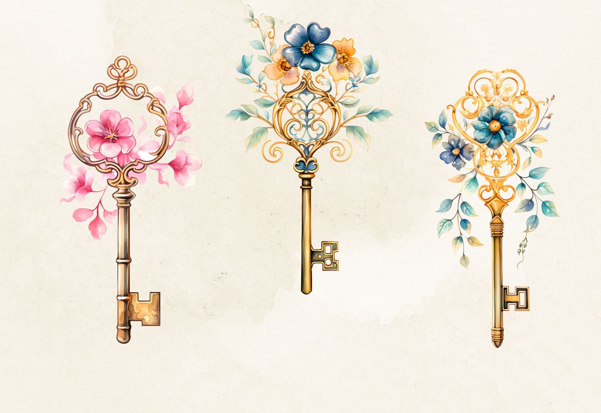Watercolor Antique Key Clipart, Watercolor Skeleton Key, Floral Key ...