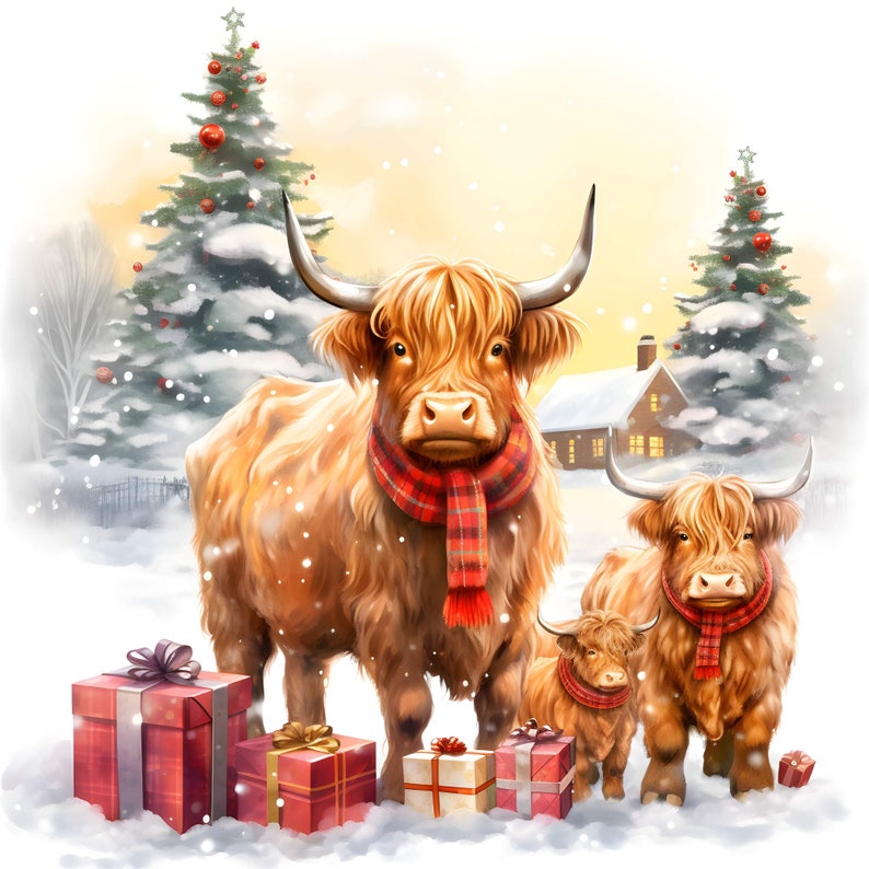 Watercolor Christmas Highland Cow Clipart, Watercolor Cow Art, Digital ...