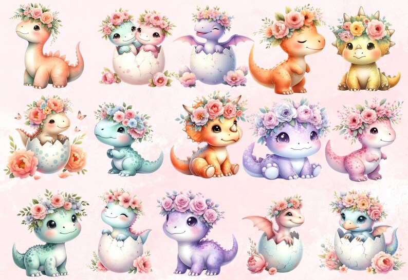 Girly Watercolor Dinosaur Clipart, Dino Clipart PNG, Cute Dinosaur ...
