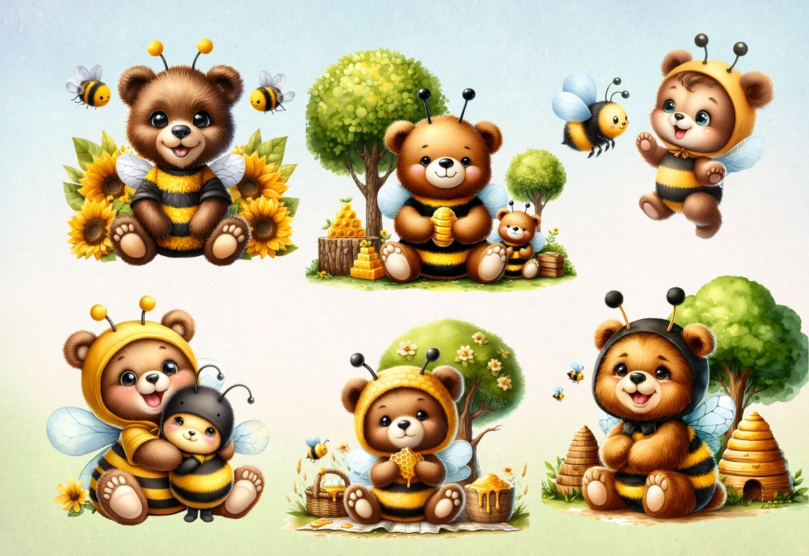 Watercolor Bumble Bee Bear Clipart, Cute Bear Clipart, Bumble Bee ...