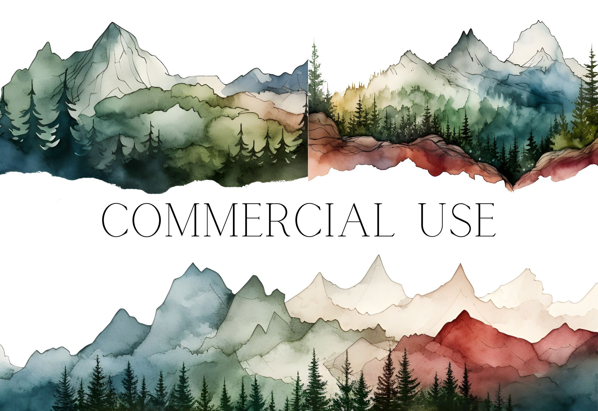Watercolor Mountain Clipart Borders PNG Bundle, Watercolor Digital ...