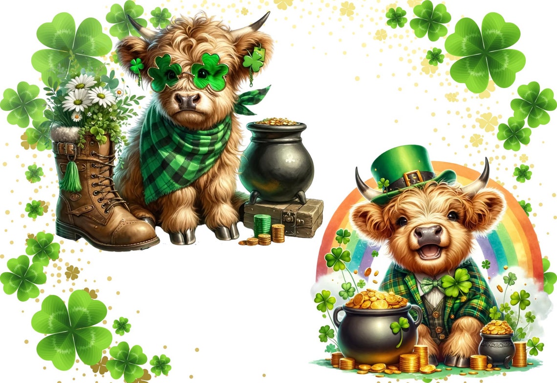St Patrick Day Highland Cow Clipart, Highland Cow, Cute Saint Patrick ...
