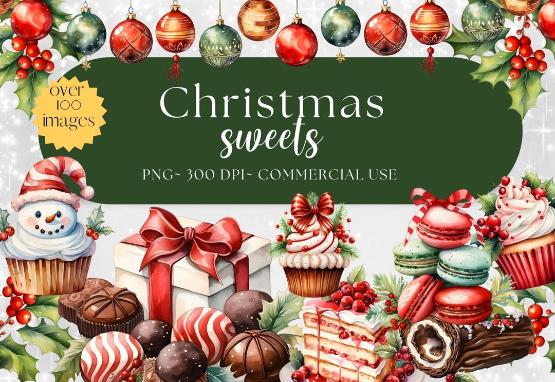 107 Watercolor Christmas Sweets Clipart, Christmas Dessert PNG Bundle ...