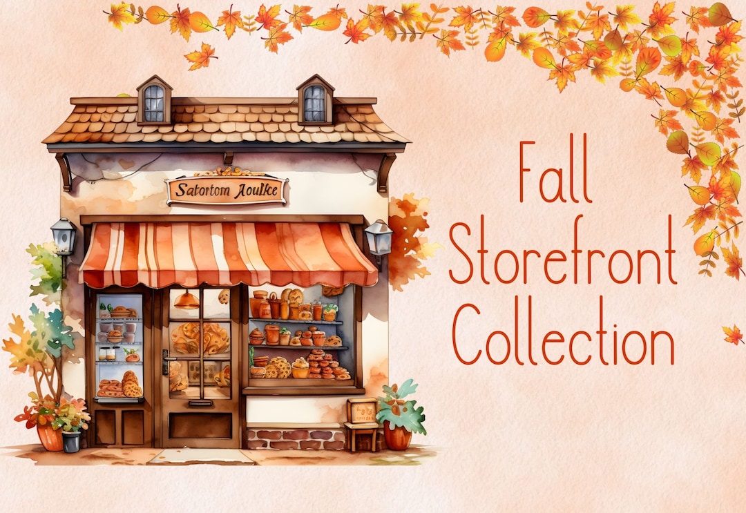 Watercolor Fall Storefronts Clipart - Cute Autumn Shops - PNG- Bakery ...