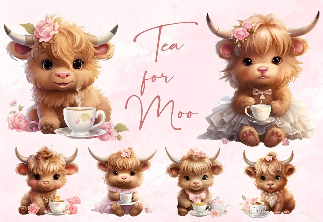 Tea Party Highland Cow Clipart Png, Nursery Print, Highalnd Cow Png ...