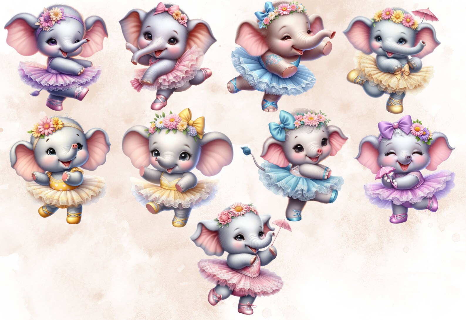 Watercolor Elephant Ballerina Clipart PNG: Dancing Calf With Tutu ...