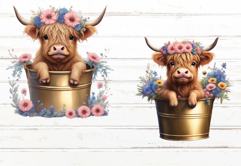 Highland Cow Floral Bucket Clipart Png, Highland Cow Png Clipart ...