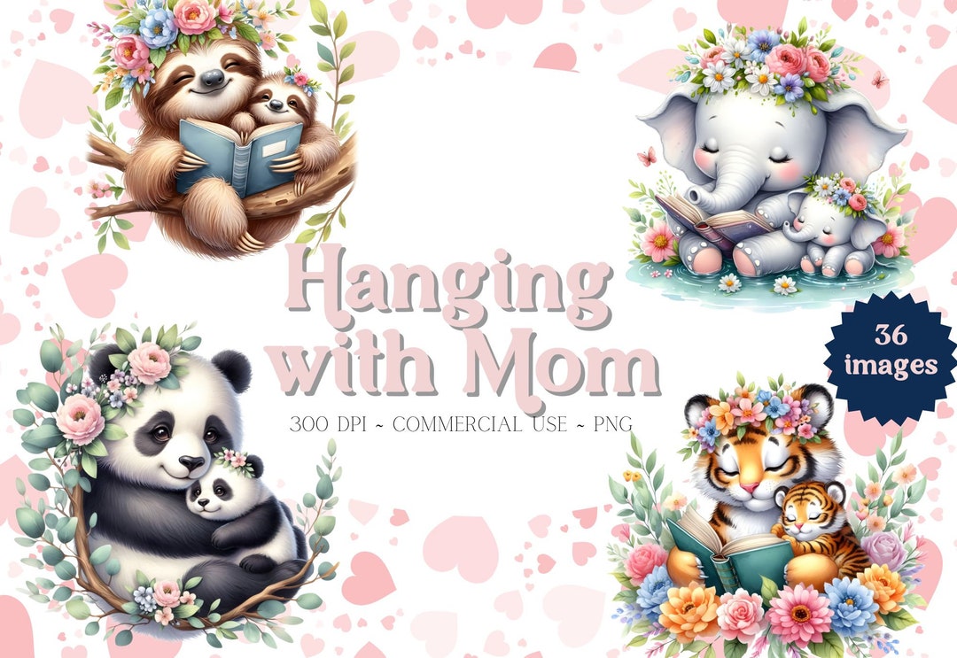 Mother's Day Watercolor Clipart, Mom and Baby Animal Clipart, Cute ...