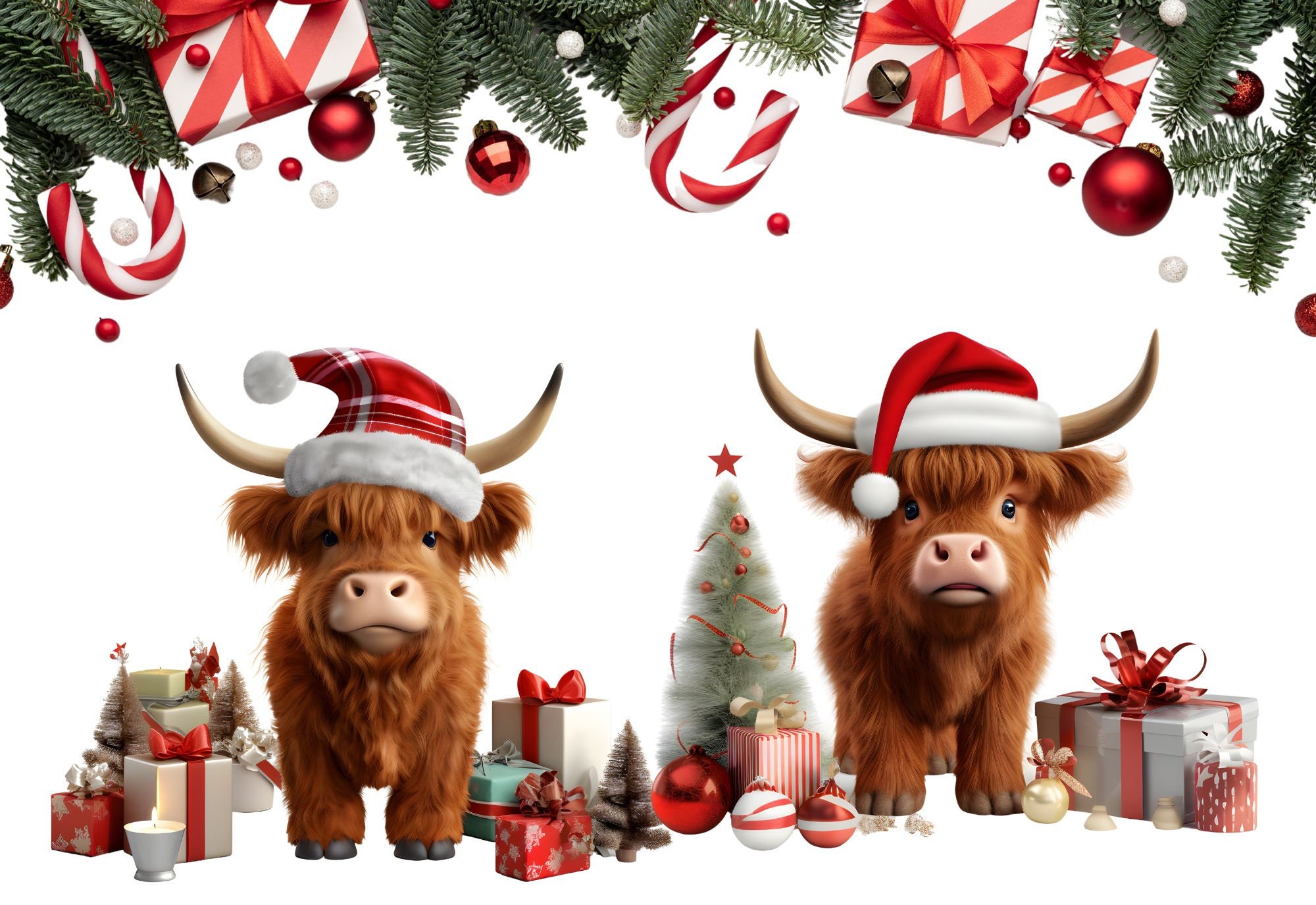 Christmas Highland Cow Clipart: Holiday Watercolor PNG (commercial Use ...