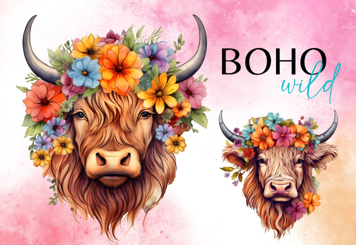 Highland Cow Floral Crown Clipart Png Hippie Cow Highland - Etsy