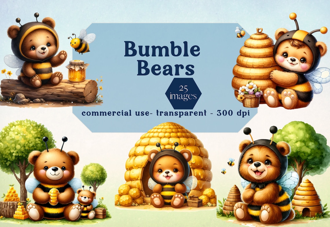Watercolor Bumble Bee Bear Clipart: Summer Nursery PNG (digital ...