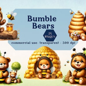 Watercolor Bumble Bee Bear Clipart, Cute Bear Clipart, Bumble Bee ...