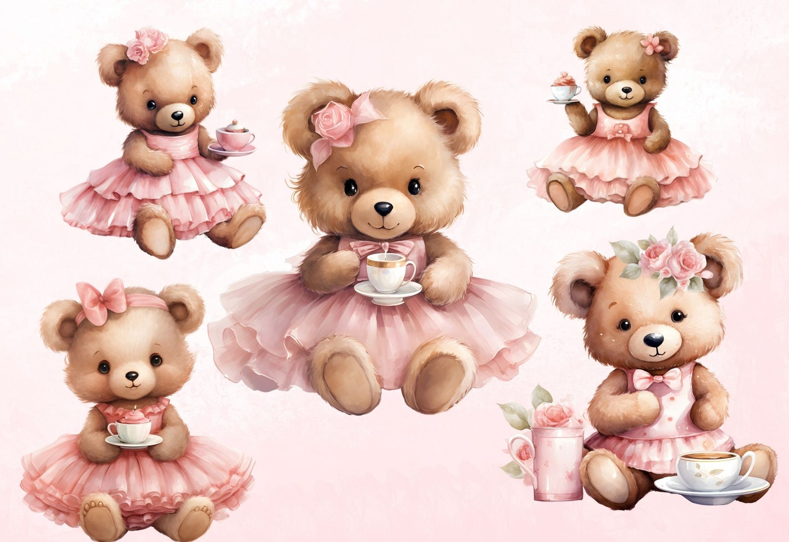 Watercolor Teddy Bear Tea Party Clipart: Nursery Decor (PNG) - Etsy