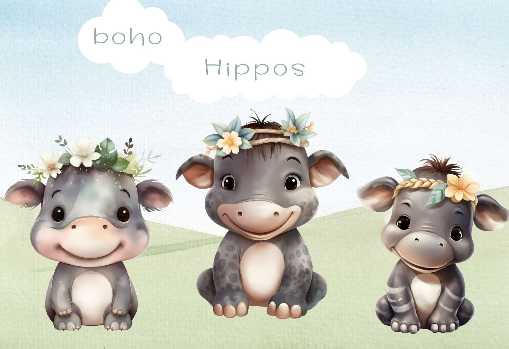 Watercolor Boho Safari Animal Clipart, Watercolor Boho Hippo Clipart ...