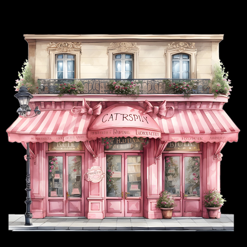Watercolor Paris Storefronts Clipart: Pink Shops, Commercial Use (PNG ...