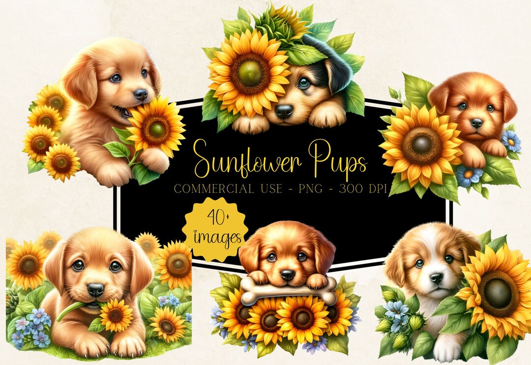 Watercolor Sunflower Puppy, Watercolor Puppy Clipart, Watercolor ...