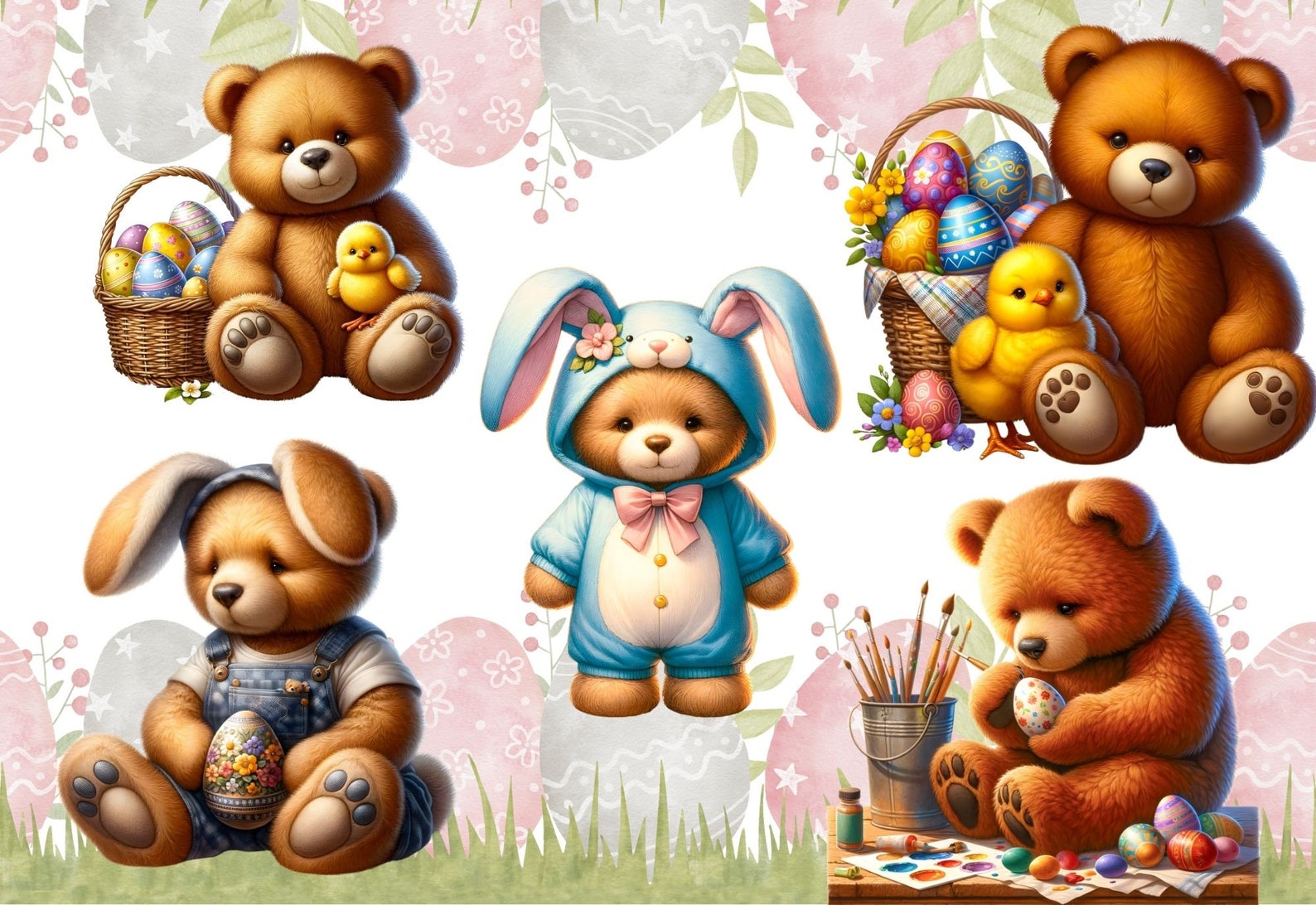 Watercolor Easter Teddy Bear Clipart, Spring Watercolor Clipart, Easter ...