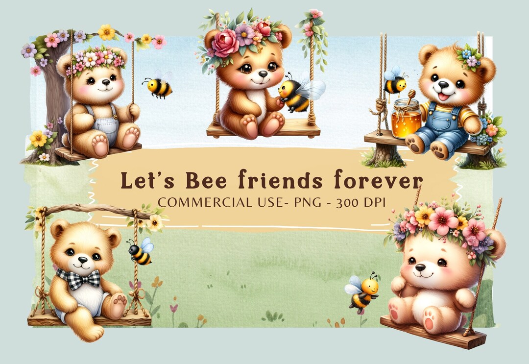 Watercolor Honey Bear Bumble Bee Clipart, Swinging Teddy Bear, Honey ...