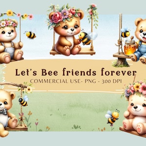 Watercolor Honey Bear Bumble Bee Clipart, Swinging Teddy Bear, Honey ...