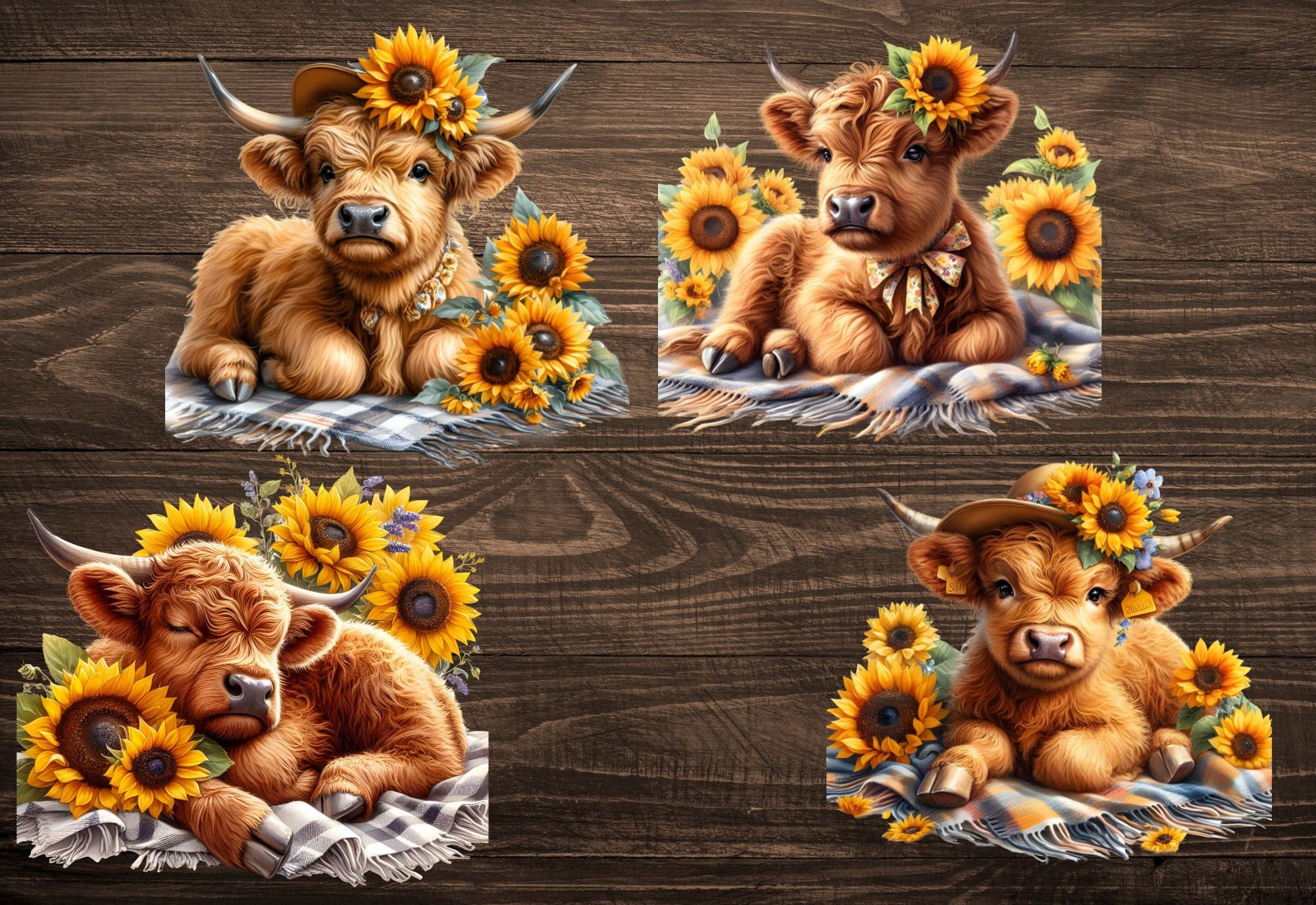 Watercolor Sunflower Highland Cows Collection Clipart, Rustic Cows ...