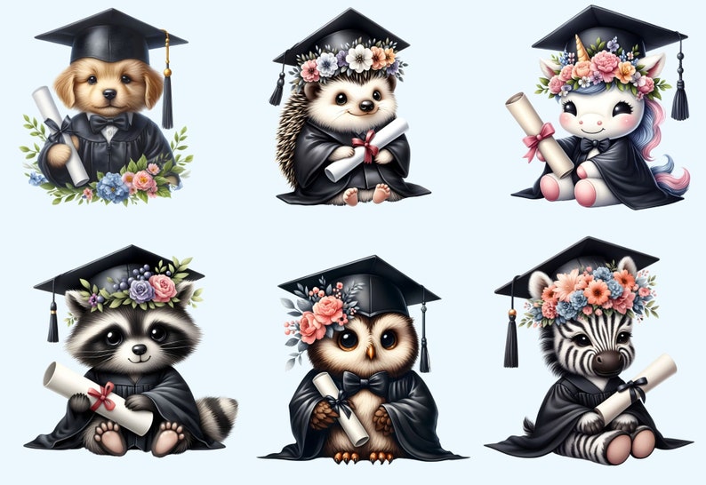 Watercolor Graduation Clipart PNG Bundle, Cute Animal Clipart ...