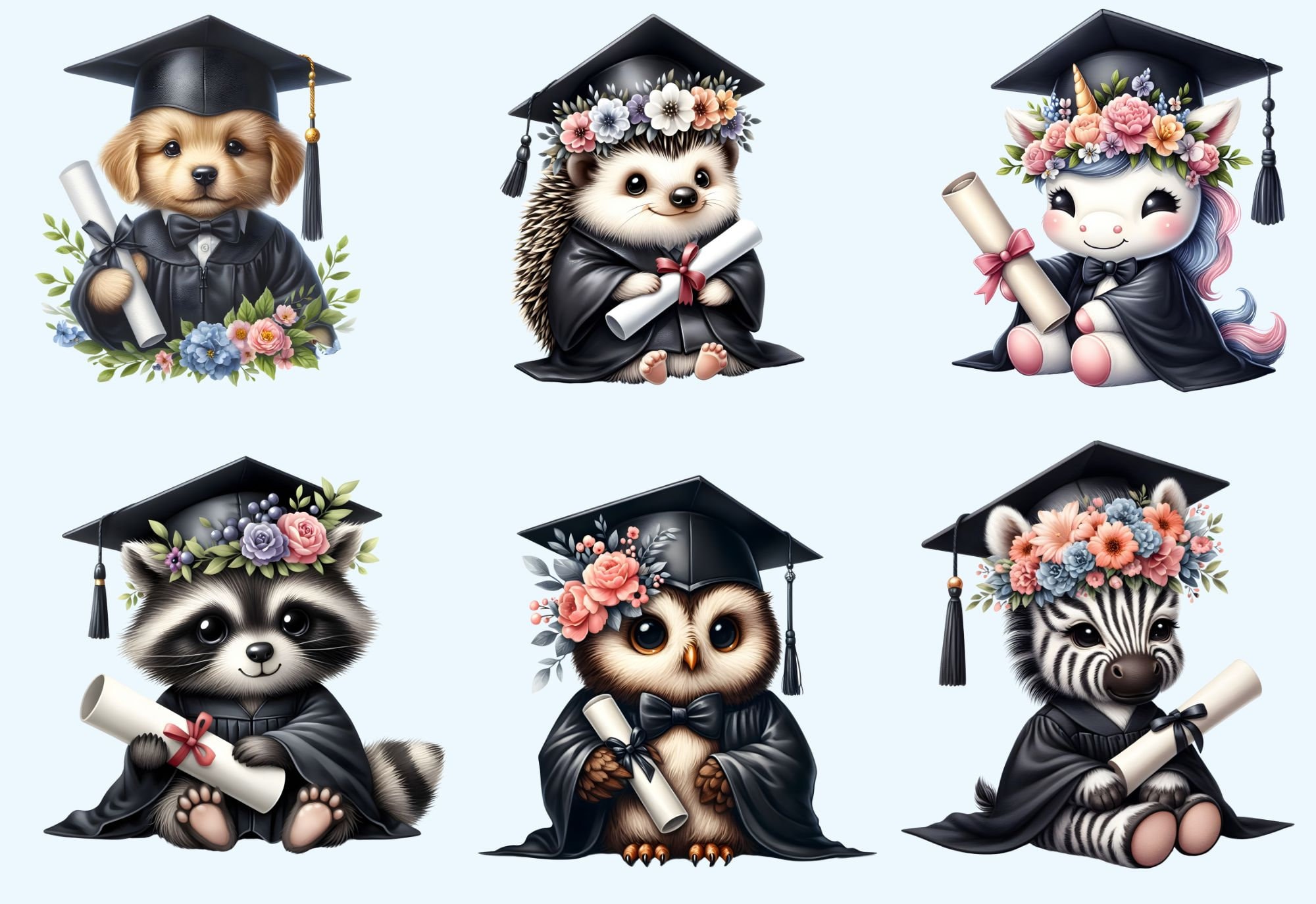 Watercolor Graduation Clipart PNG Bundle, Cute Animal Clipart ...