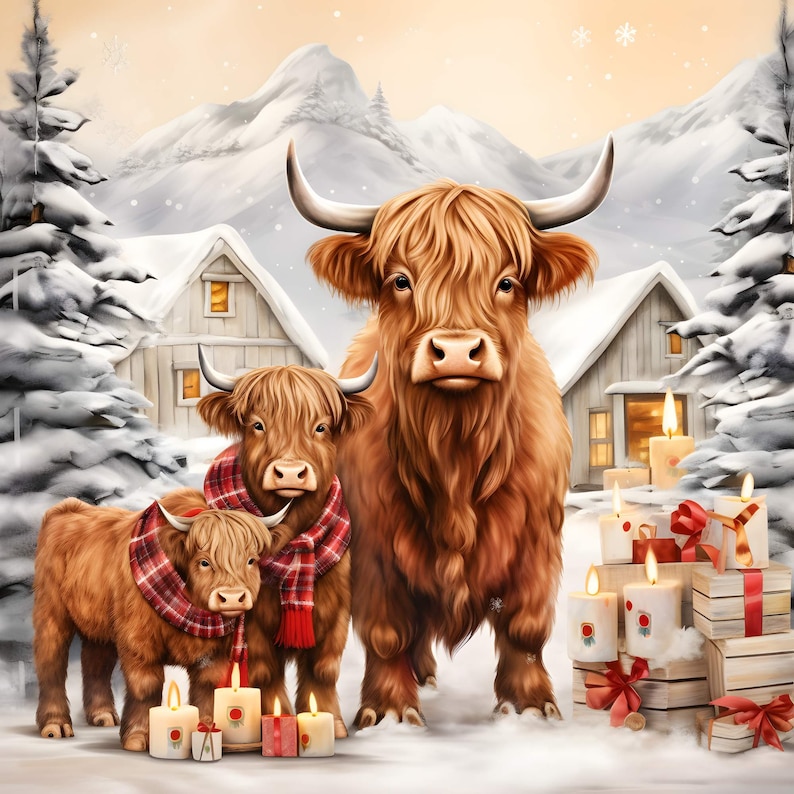 Watercolor Christmas Highland Cow Clipart, Watercolor Cow Art, Digital ...