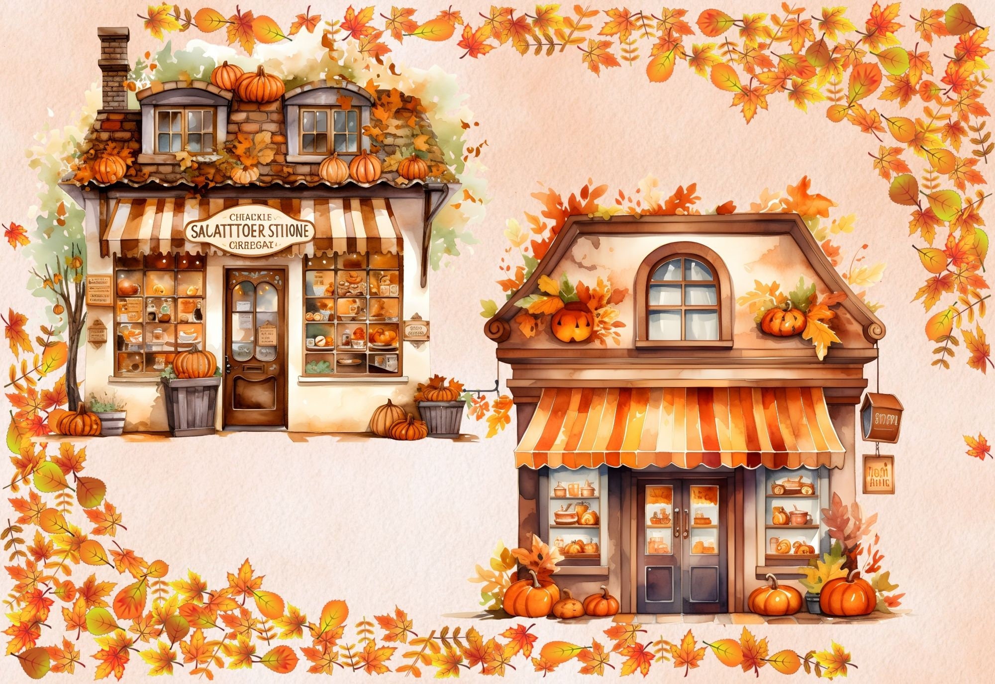 Watercolor Fall Storefronts Clipart Cute Autumn Shops PNG - Etsy