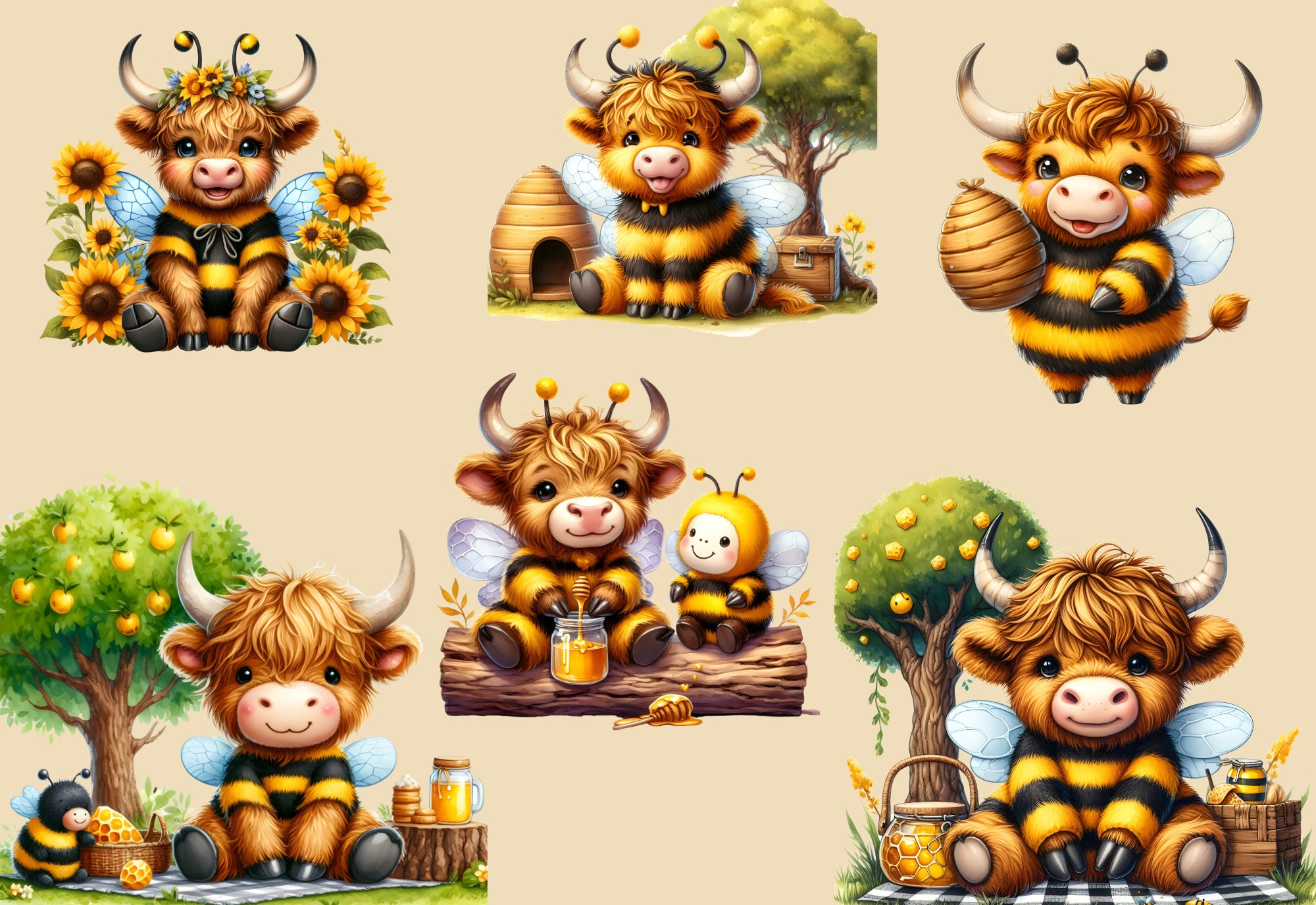 Bumble Bee Highland Cow Clipart, Watercolor Honey Bee Highland Cow ...