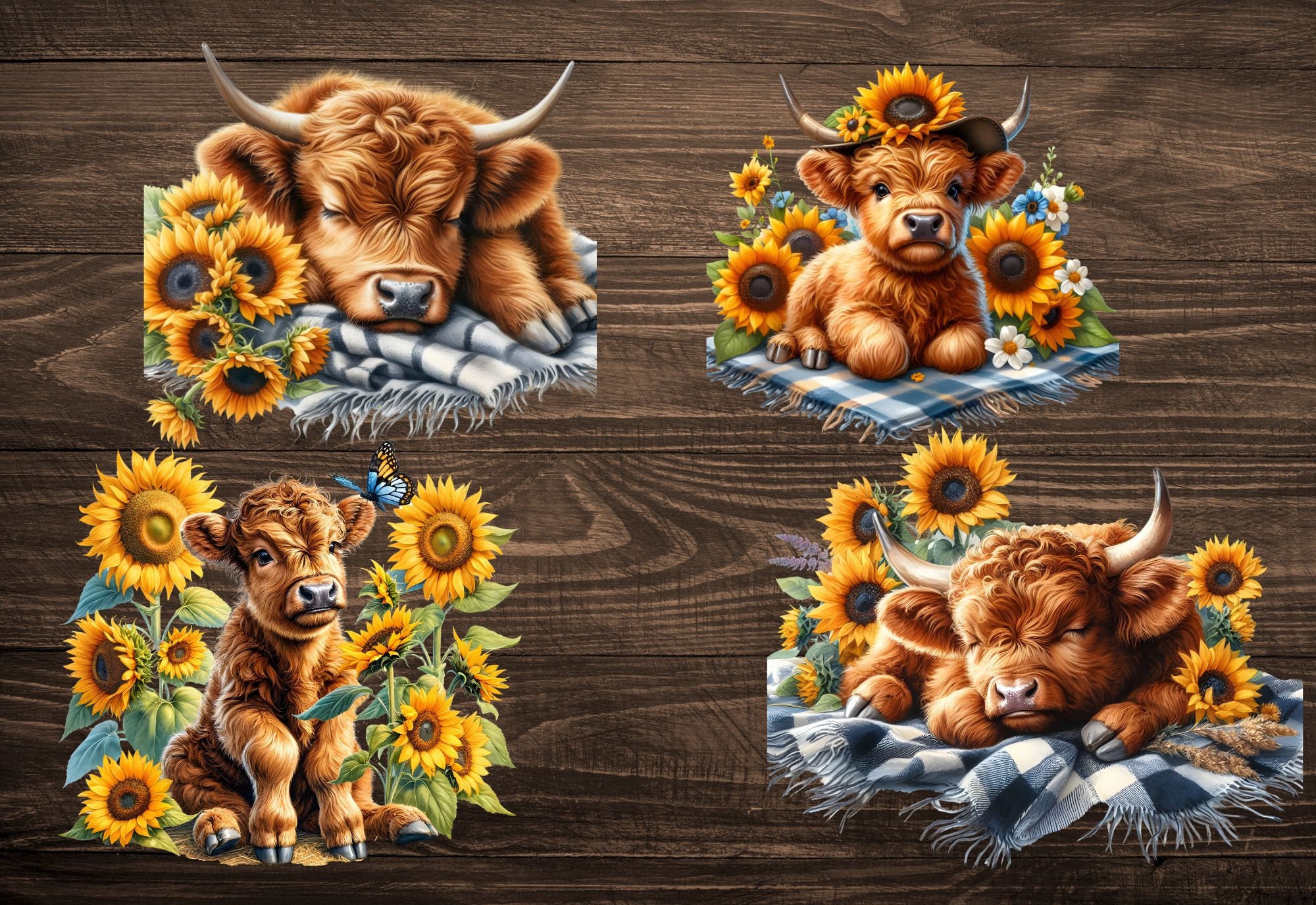 Watercolor Sunflower Highland Cows Collection Clipart, Rustic Cows ...