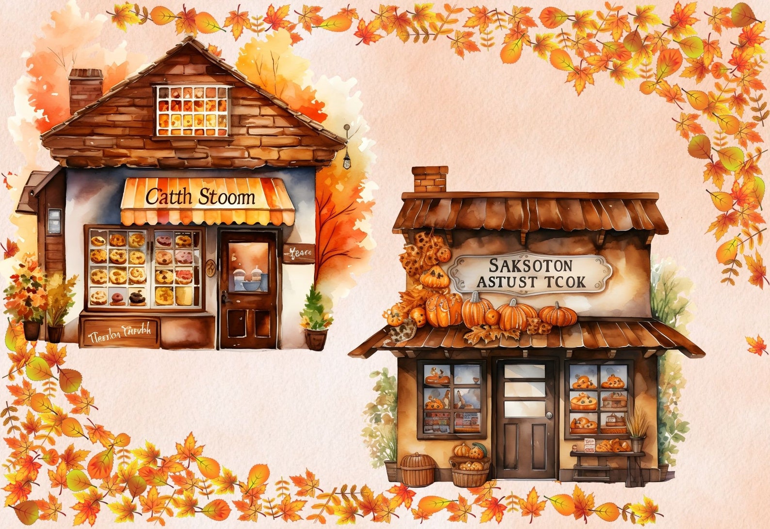 Watercolor Fall Storefronts Clipart Cute Autumn Shops PNG - Etsy