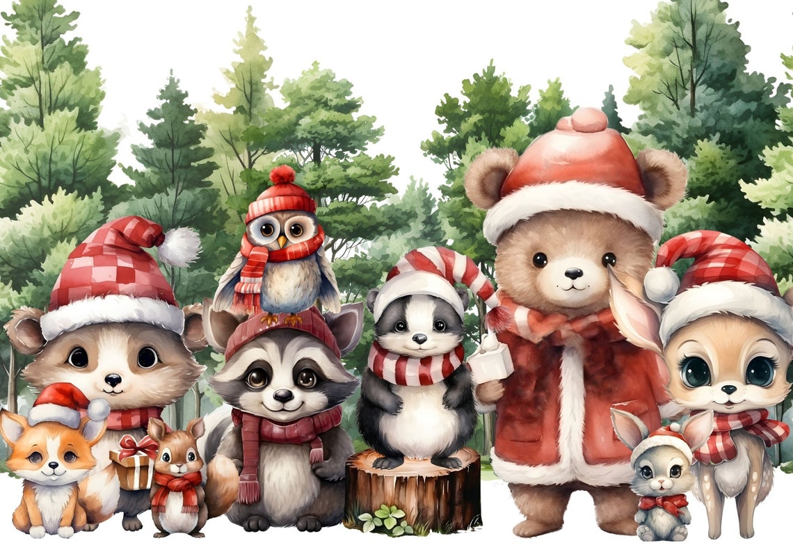 Woodland Christmas Clipart, Watercolor Winter Christmas Animals, Cute ...