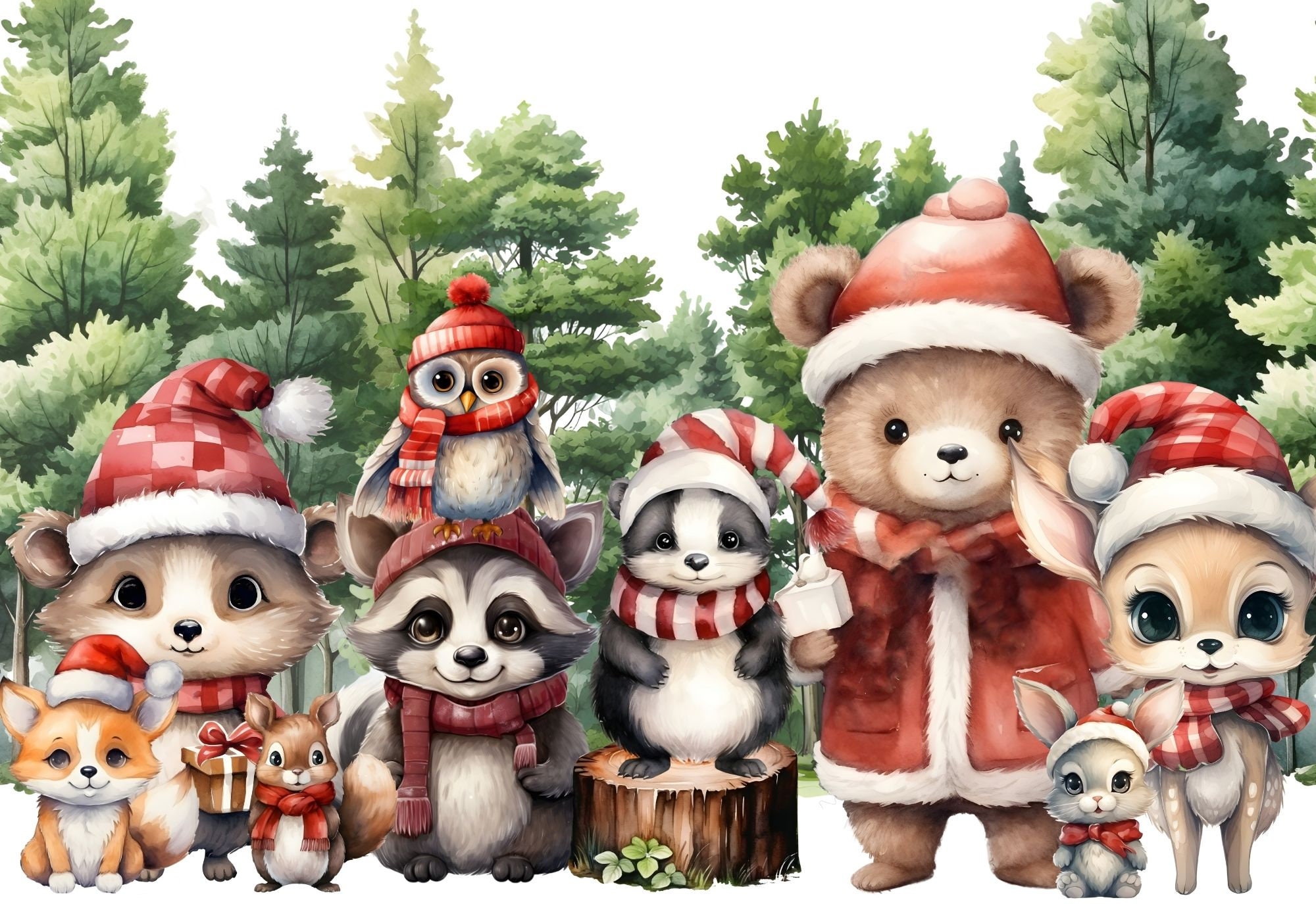 Woodland Christmas Clipart, Watercolor Winter Christmas Animals, Cute ...